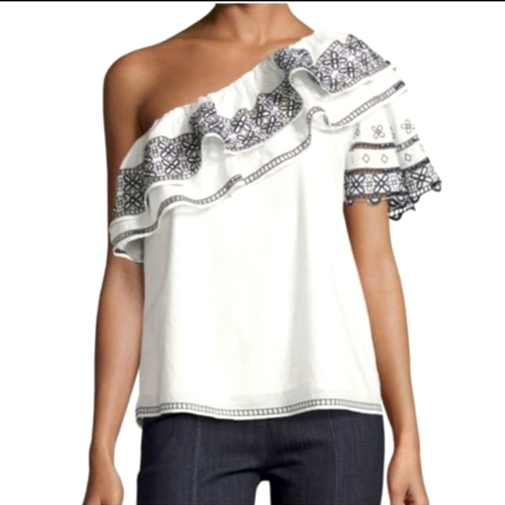 Parker One Shoulder Crochet Floral Lace Ruffle Boho T… - Gem